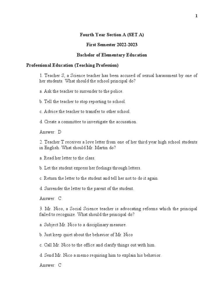 Enh 1 Compilation 1 4 BEED 4A Set A | PDF | Teachers | Educational Assessment