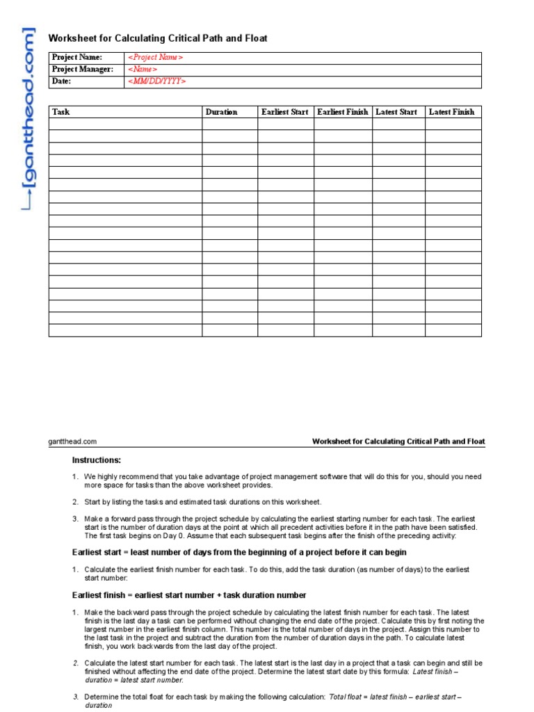 Worksheet For Calculating Critical Path and Float | PDF | Worksheet ...