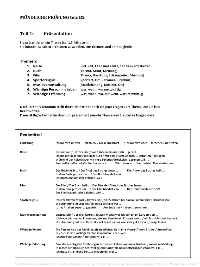 Redemittel Sprechen Telc B2 (Teil 1, 2, 3) | PDF