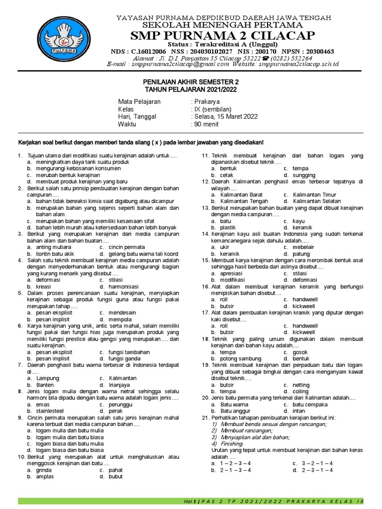 Soal & Kisi-Kisi Pas2 Prakarya Ix 2021-2022 | PDF