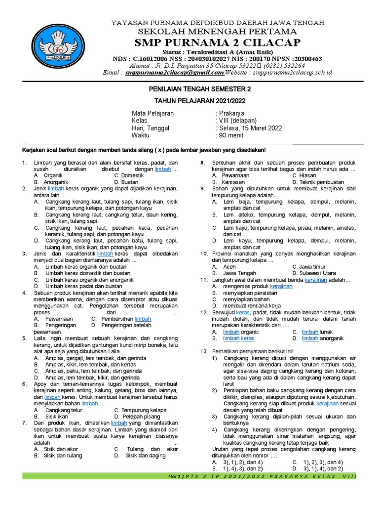 Soal Prakarya PTS 2 Kelas 8 | PDF | Griya & Taman