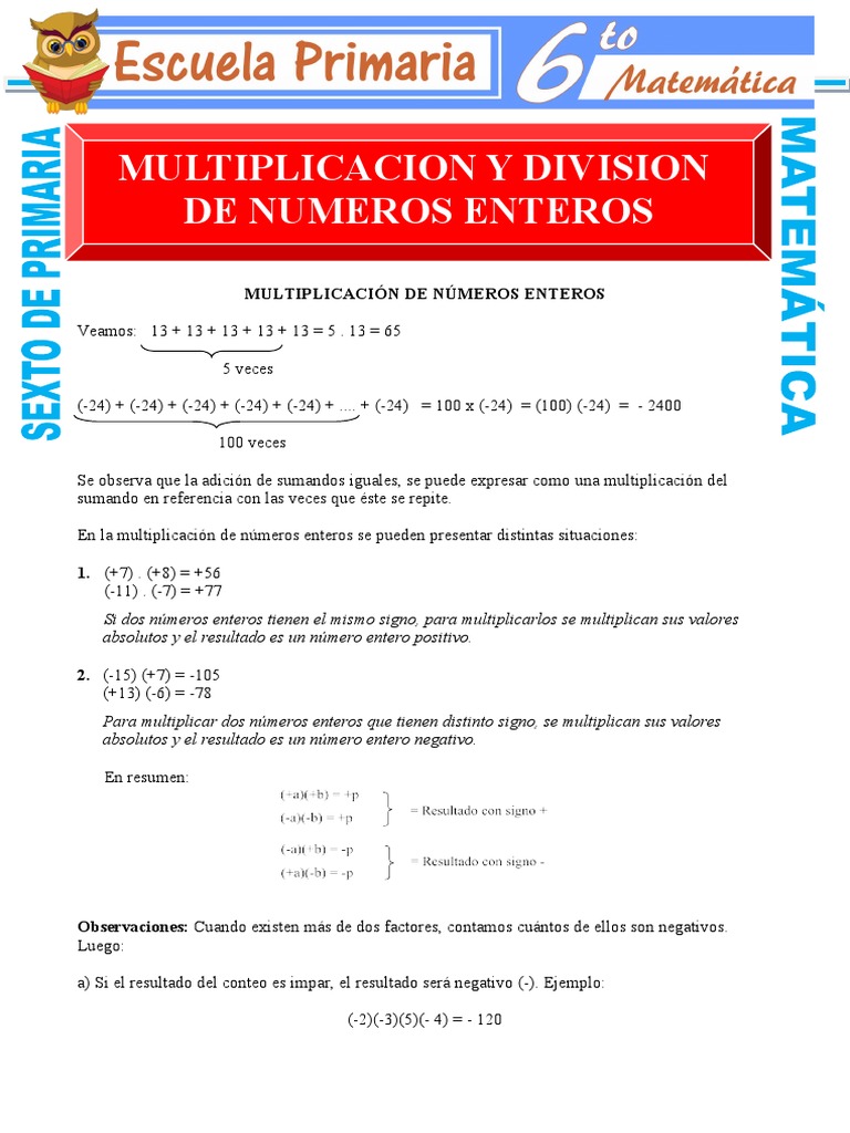 Multiplicacion y Division de Numeros Enteros para Sexto de Primaria | PDF