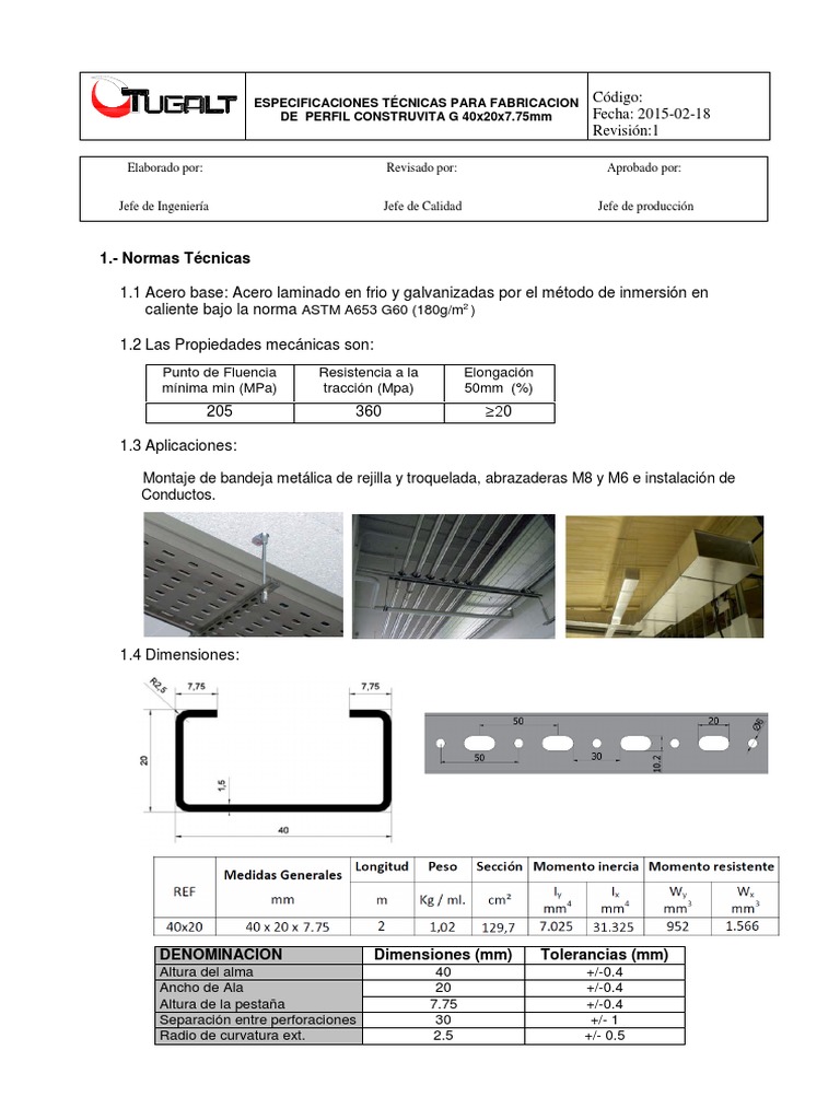FICHA TECNICA PERFIL CONSTRUVITA G 40x20x7 | PDF | Acero | Ingeniería ...