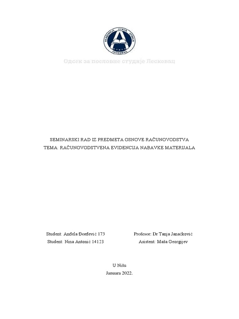 Seminarski Rad Rcunovodstvena Evidencija Nabavke Materijala Andjela ...