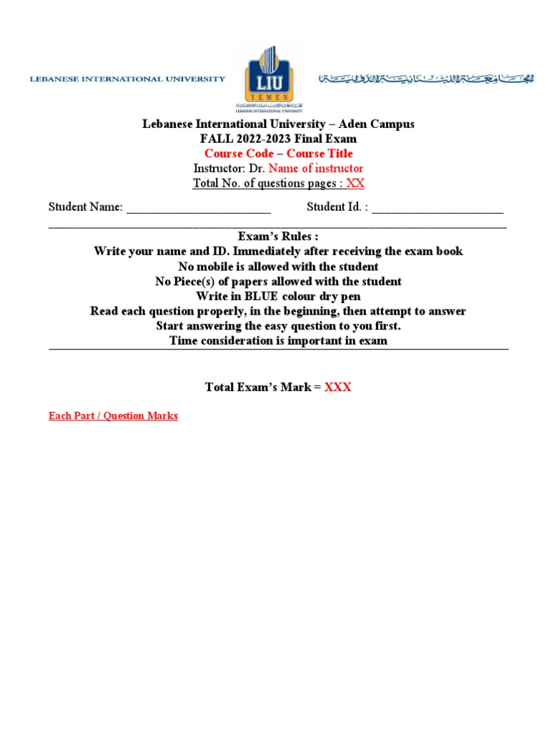 Final Exam - Question Paper Format - FALL 2022-2023 | PDF