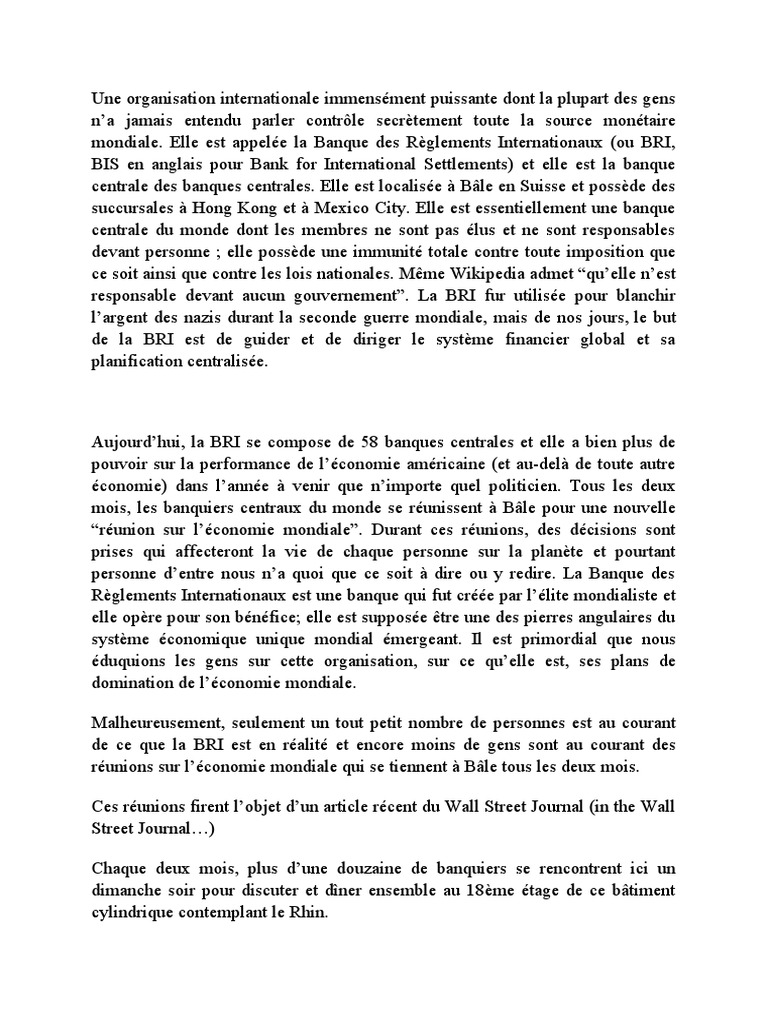La BRI : Pouvoir et Secret Économique | PDF | Banque des règlements ...