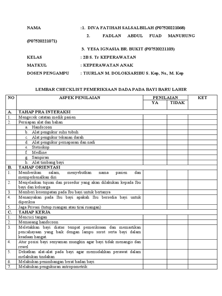 Lembar Checklist Pemeriksaan Fisik Dada Pada Bayi | PDF