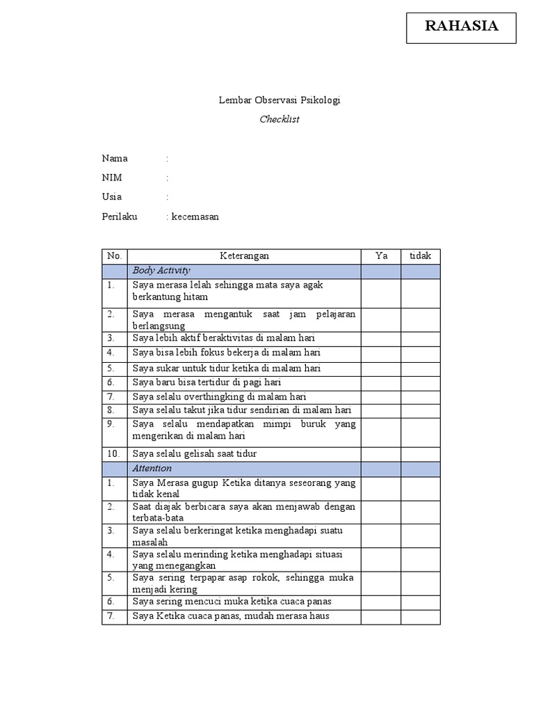 Lembar Observasi Psikologi Untuk Observe | PDF