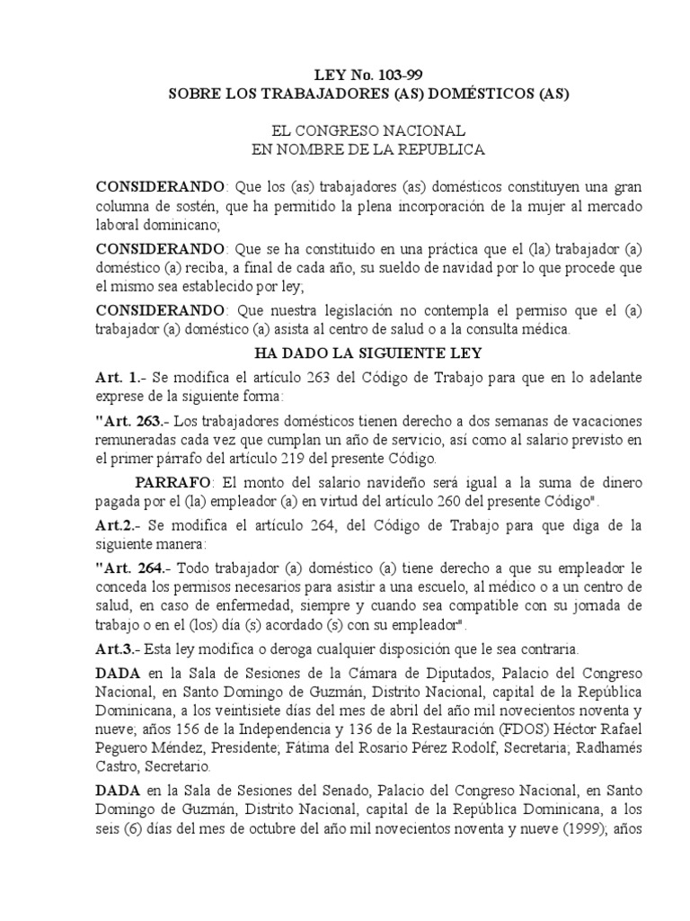 LEY - 103-99 - Sobre Trabajadores Domesticos | PDF | República ...