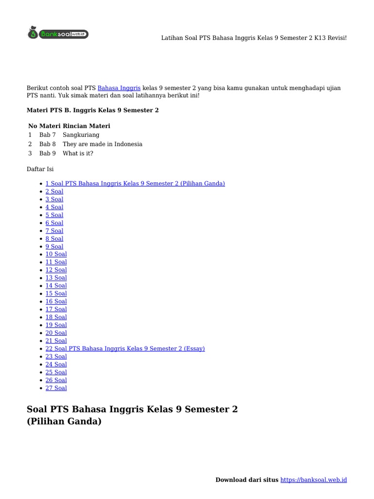 Latihan Soal PTS Bahasa Inggris Kelas 9 Semester 2 K13 Revisi! | PDF