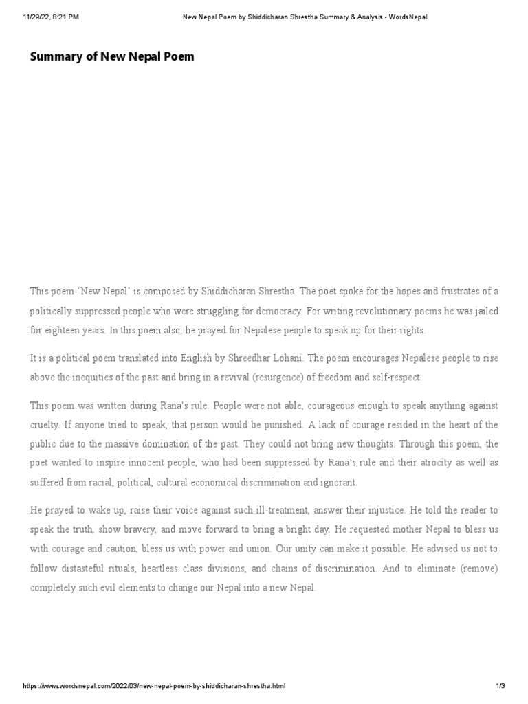 Summary of Siddhicharan's "New Nepal" | PDF