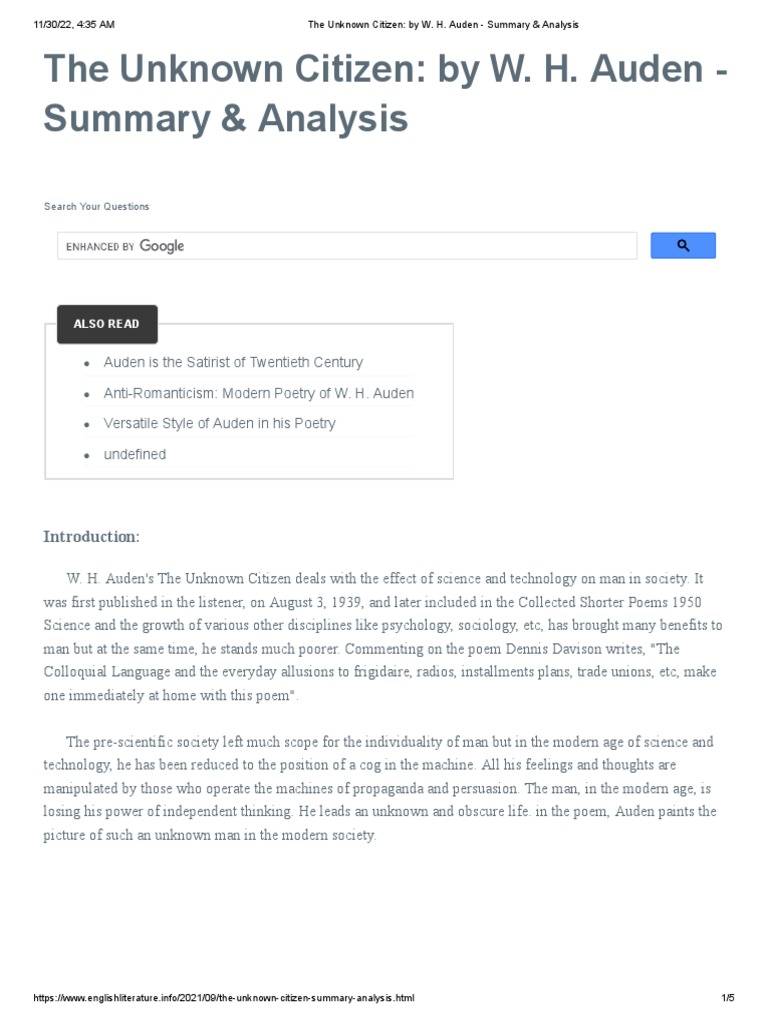 The Unknown Citizen - by W. H. Auden - Summary & Analysis | PDF ...