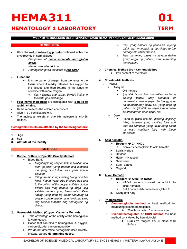 Hema311 Lab - Week 8 - Hemoglobin Determination (Acid Hematin and ...