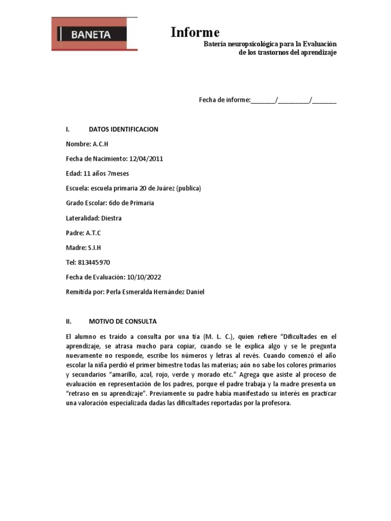 Reporte Psicoeducativo BANETA | PDF | Aprendizaje | Evaluación