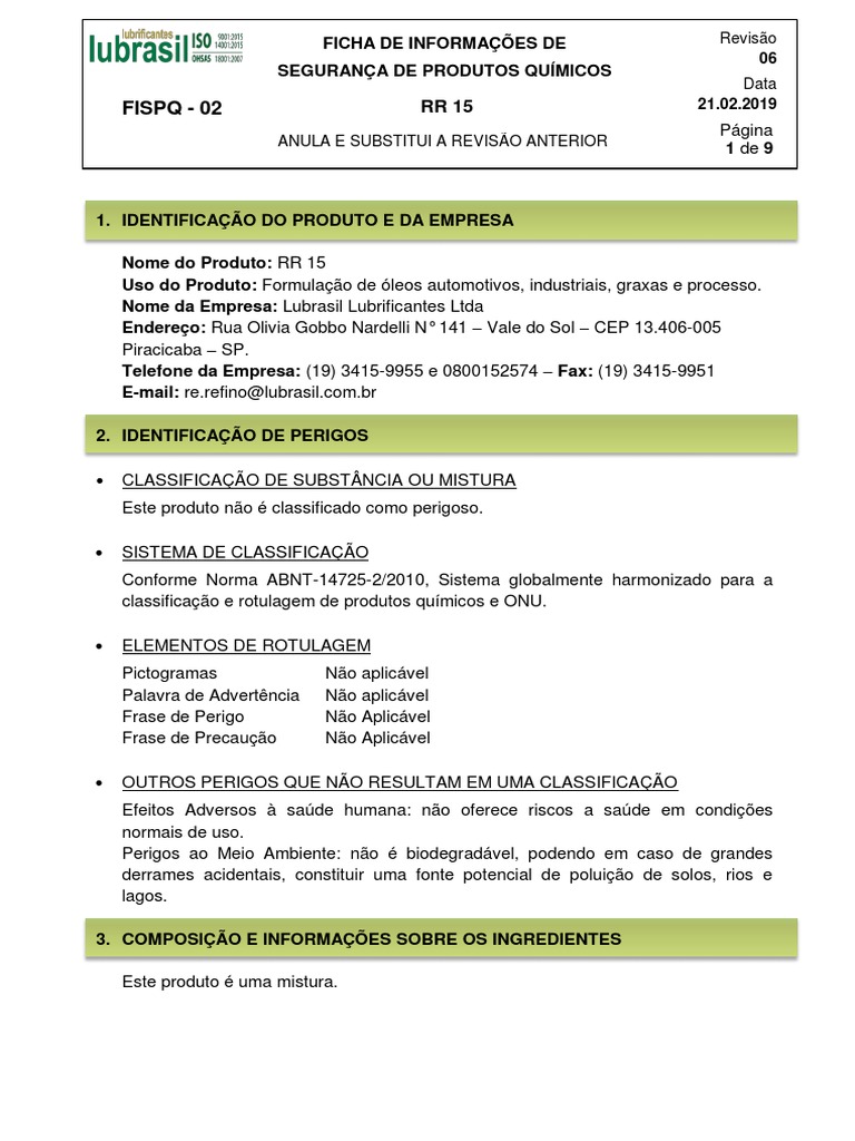 FISPQ 02 RR15 Rev 06 21 02 2019 | PDF