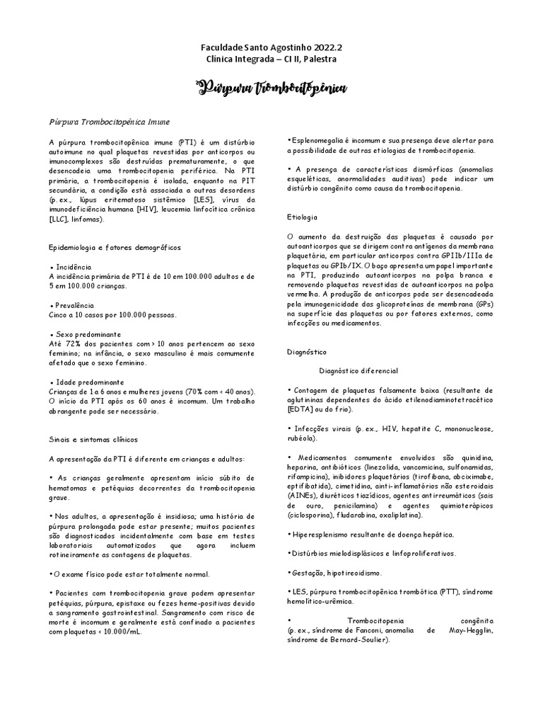 Púrpura Trombocitopênica | PDF | Plaquetas sanguíneas | Anemia