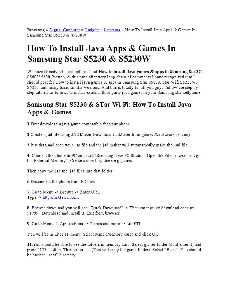 How To Install Java Apps & Games in Samsung Star S5230 & S5230W | PDF