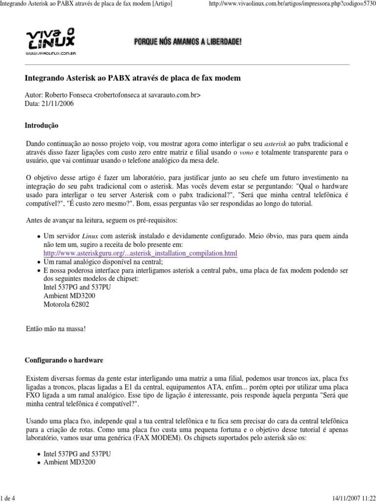 Asterisk e PABX com Fax Modem | PDF | Central telefônica | Telefone