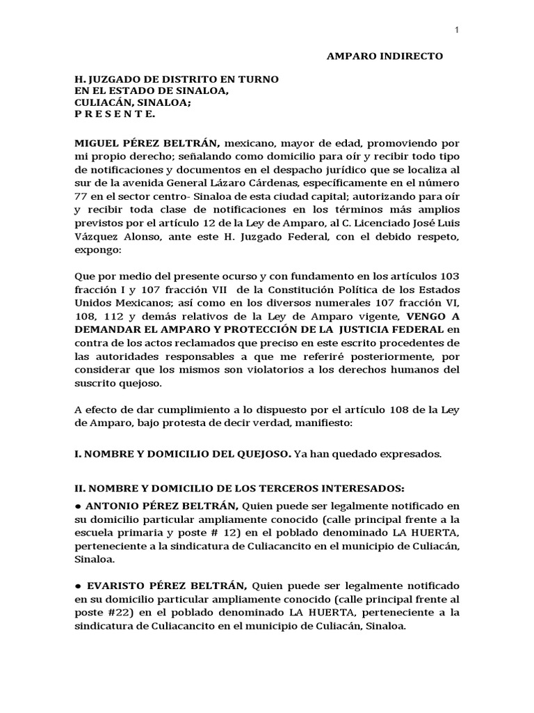 Amparo Indirecto (Ejemplo) | PDF | Caso de ley | Ley procesal