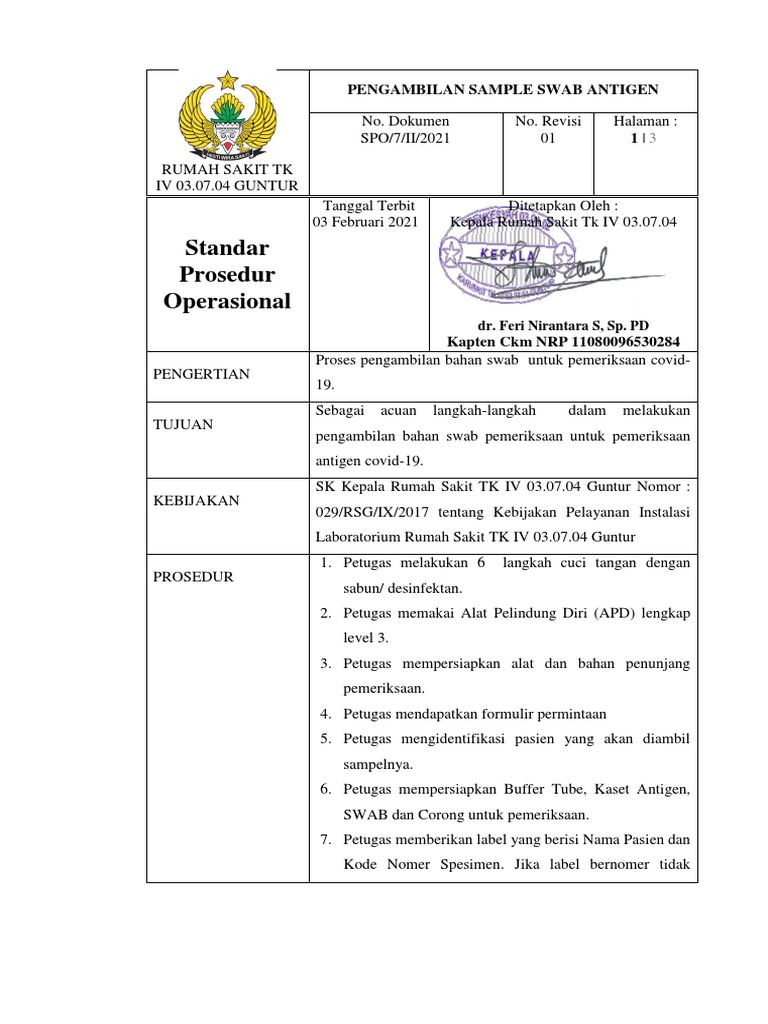 SOP PENGAMBILAN SAMPEL SWAB Antigen | PDF