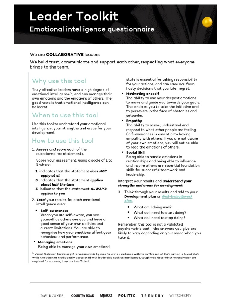 Emotional Intelligence Questionnaire | PDF | Emotional Intelligence ... Emotional Intelligence Questionnaire | PDF | Emotional Intelligence ...
