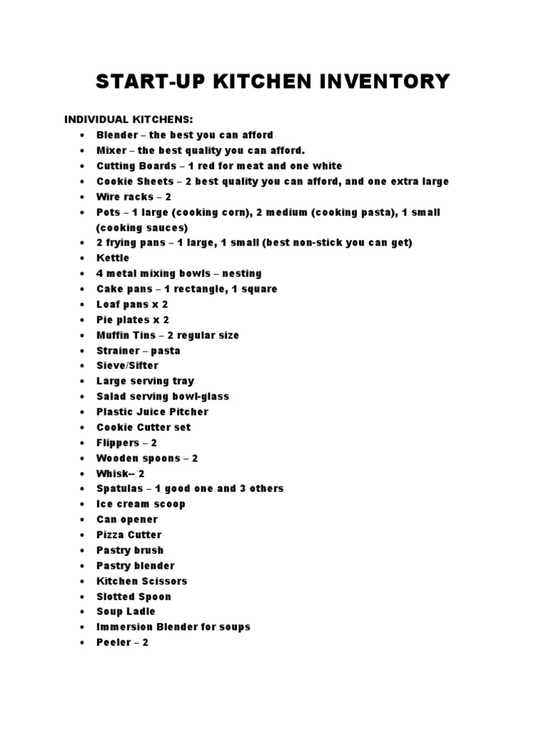 Start-Up Kitchen Supply List | PDF | Spoon | Cookware And Bakeware