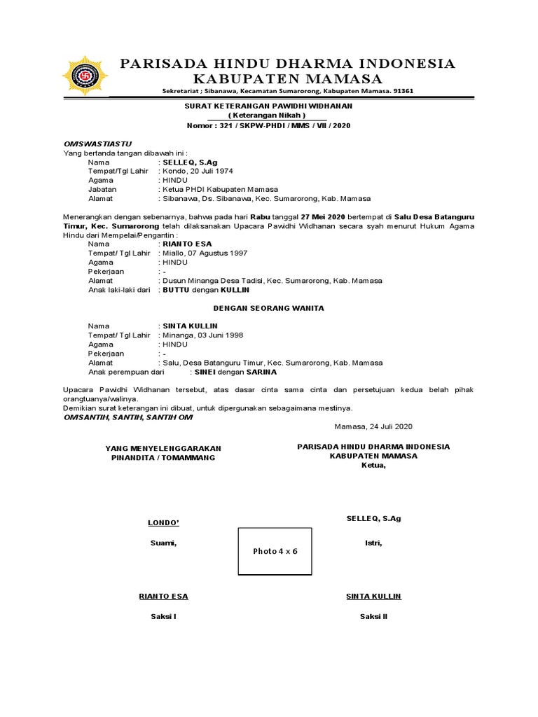 Keterangan Nikah Parisada Hindu Dharma Indonesia | PDF