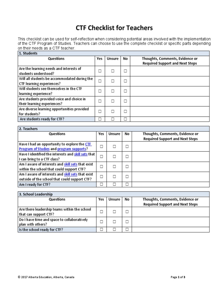 CTF Checklist For Teachers | PDF | Learning | Expert