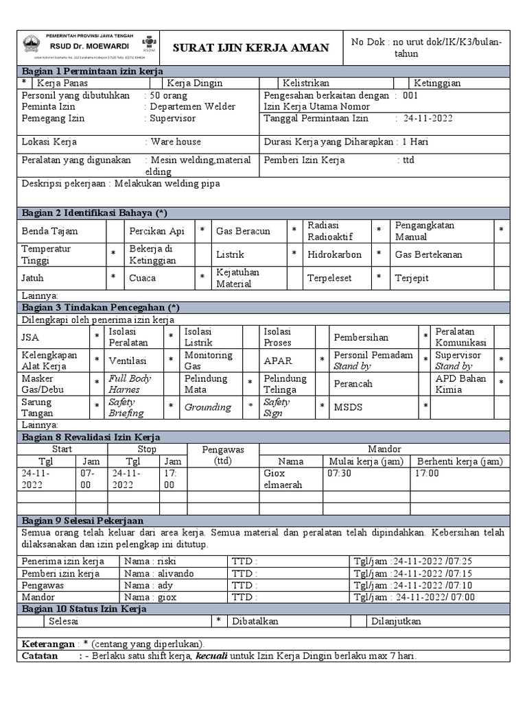 Surat Izin Kerja Aman K3 | PDF