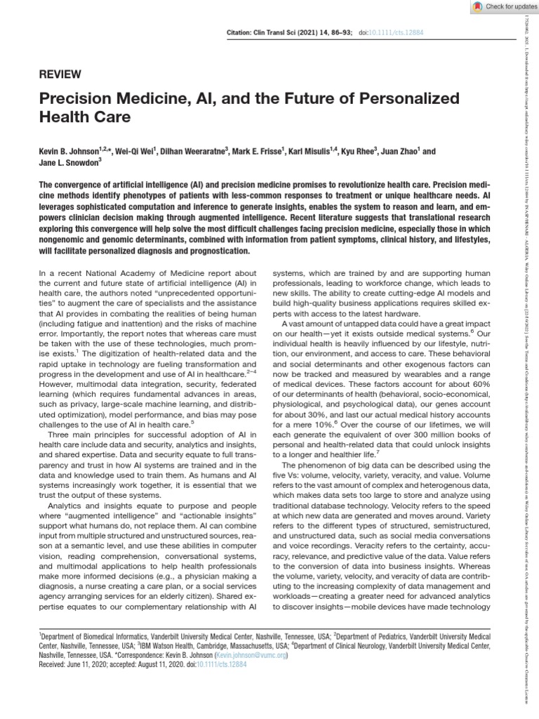 Clinical Translational Sci - 2020 - Johnson - Precision Medicine AI and The Future of ...