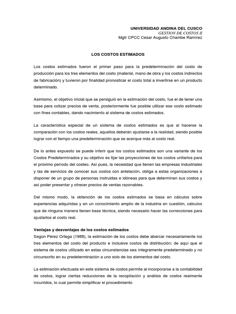 Costos Estimados | PDF | Costo | Contabilidad