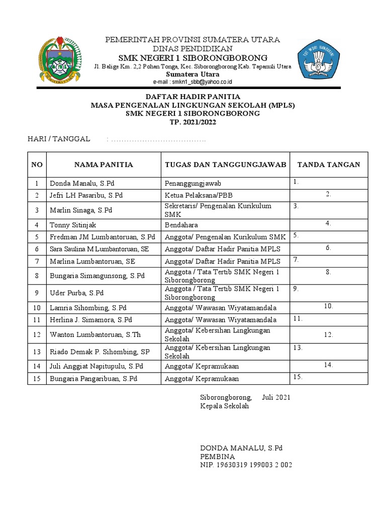Daftar Hadir Panitia MPLS SMK 2021 | PDF