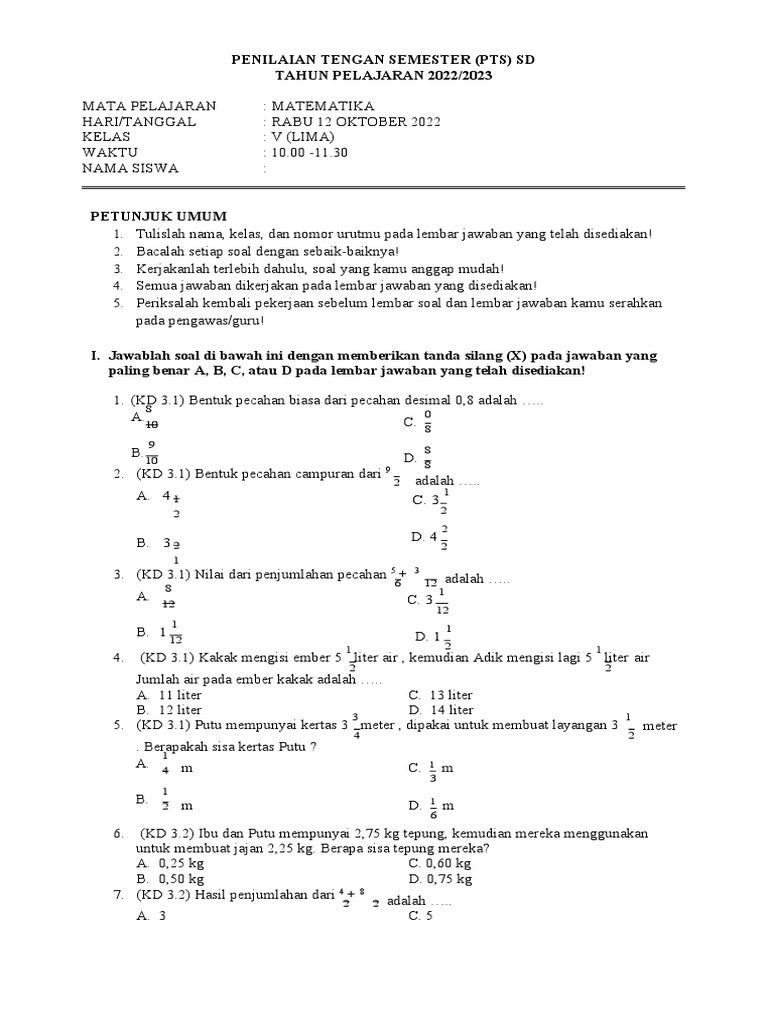 Soal & Jawaban PTS Matematika Kelas 5 Semester 1 Tahun 2021 Sinau-Thewe | PDF | Metode & Bahan Ajar