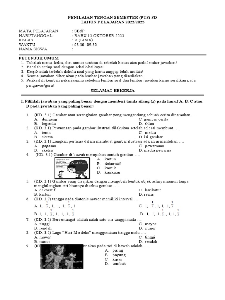 Soal & Jawaban PTS SBDP Kelas 5 Semester 1 Tahun 2021 Sinau-Thewe | PDF