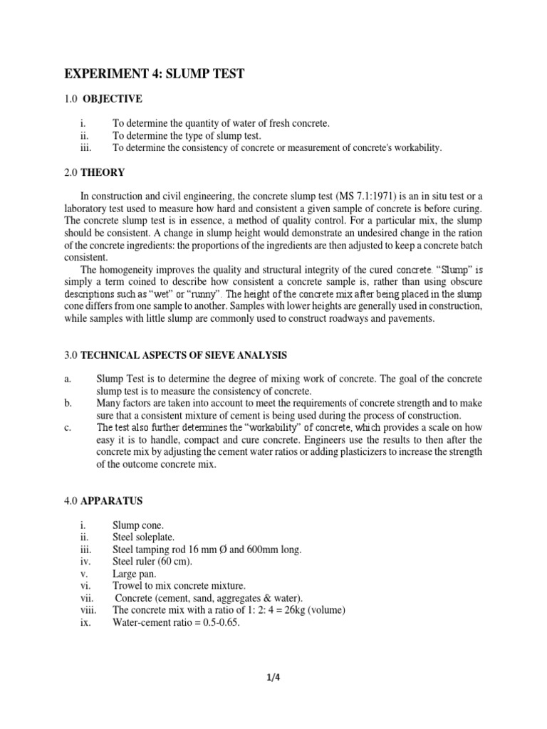 Experiment 4 Slump Test | PDF | Concrete | Structural Engineering