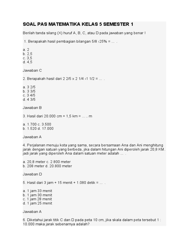 Soal Pas Matematika Kelas 5 Semester 1 | PDF