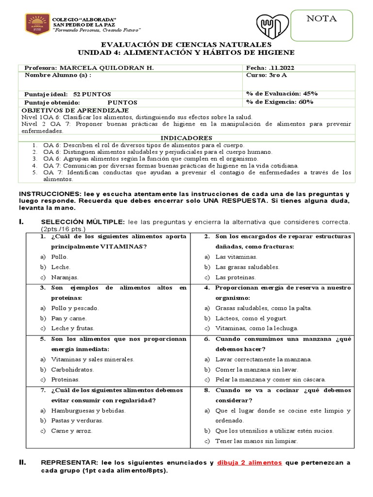 Prueba Unidad 4 Los Alimentos | PDF