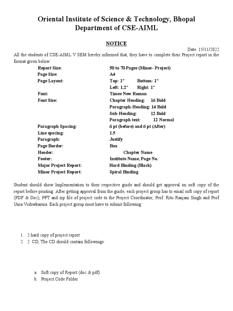 CSE-AIML Project Report Guidelines | PDF | Printing | Written Communication