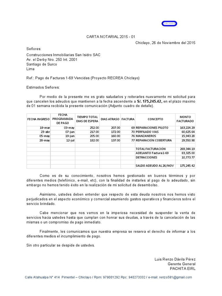 Carta Notarial Cobranza | PDF | Economias