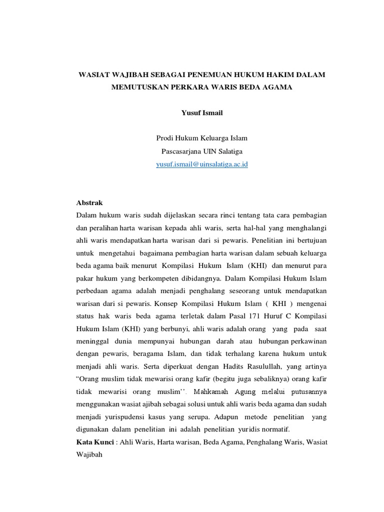 Wasiat Wajibah Sebagai Penemuan Hukum Hakim Dalam Memutuskan Perkara Waris Beda Agama | PDF