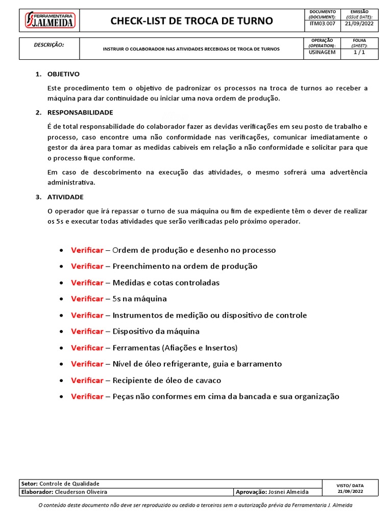 ITM03.007 - Checklist de Troca de Turno | PDF | Informática