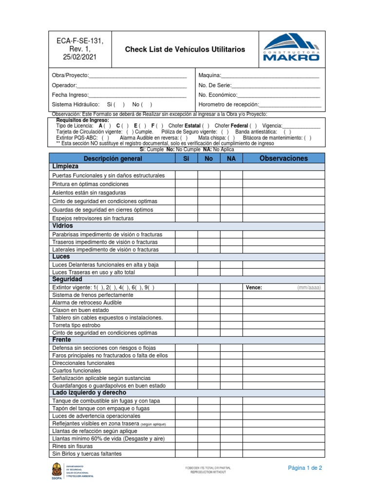 ECA-F-SE-131 CheckList Vehículos Utilitarios Rev.1 | PDF | Bienes ...
