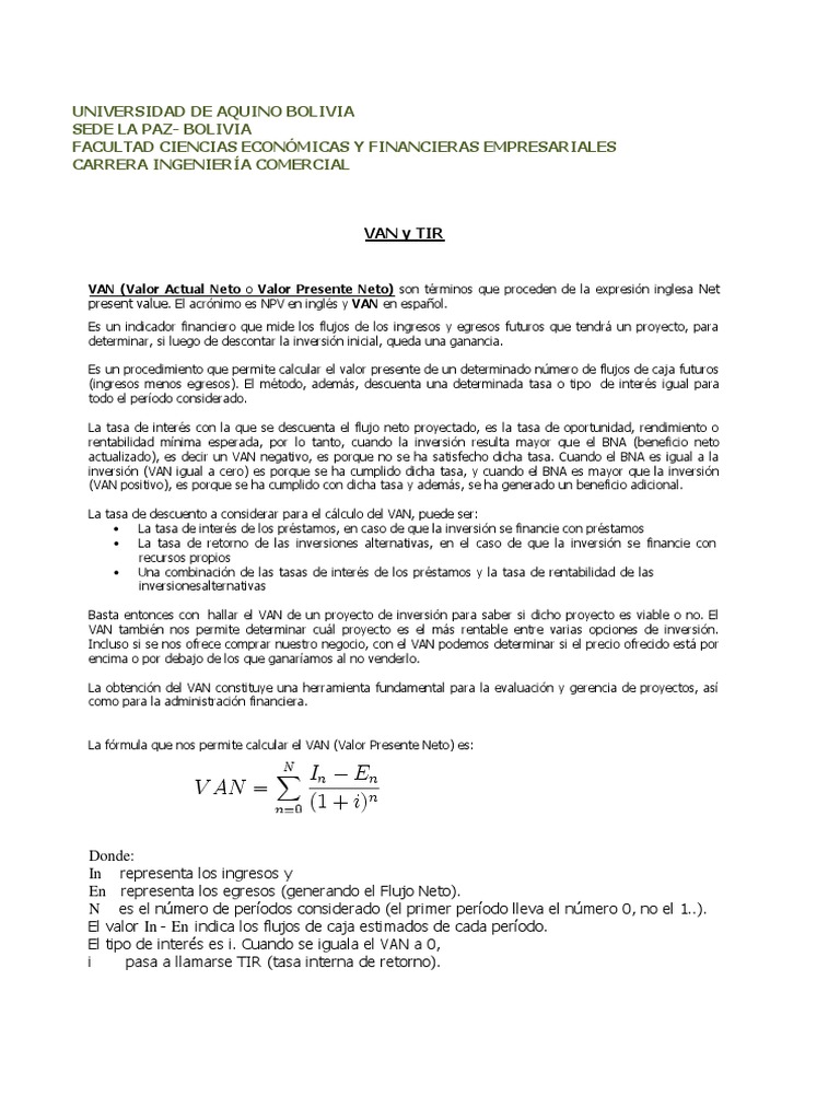 Análisis de VAN y TIR en Proyectos | PDF
