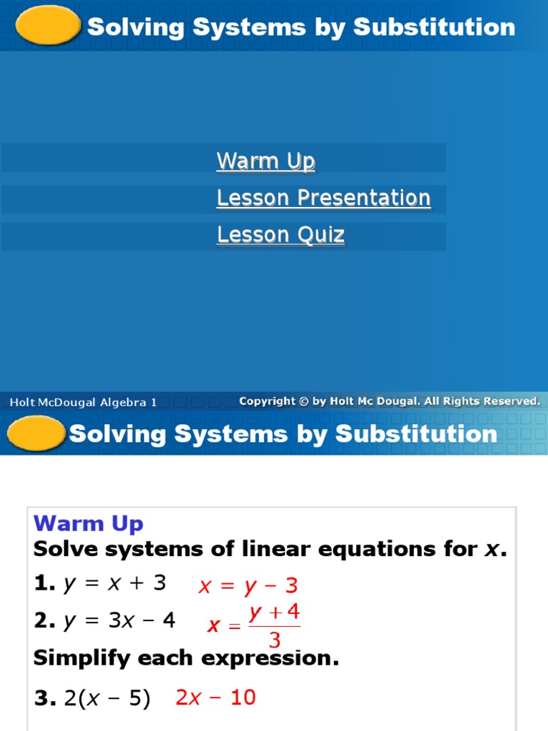 Holt 5-2 Solving Systems by Substitution | Download Free PDF ...