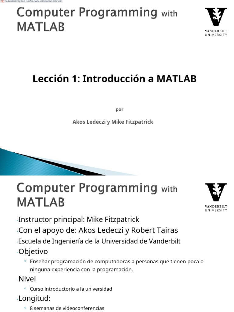 LECCIÓN 1 - Introduction To MATLAB - En.es | PDF | Programación de computadoras | Lenguaje de ...