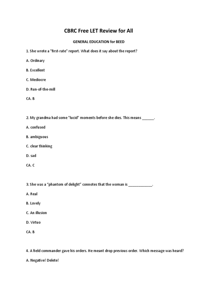 CBRC Free LET Review For All - GENERAL EDUCATION For BEED (Part 1) | PDF