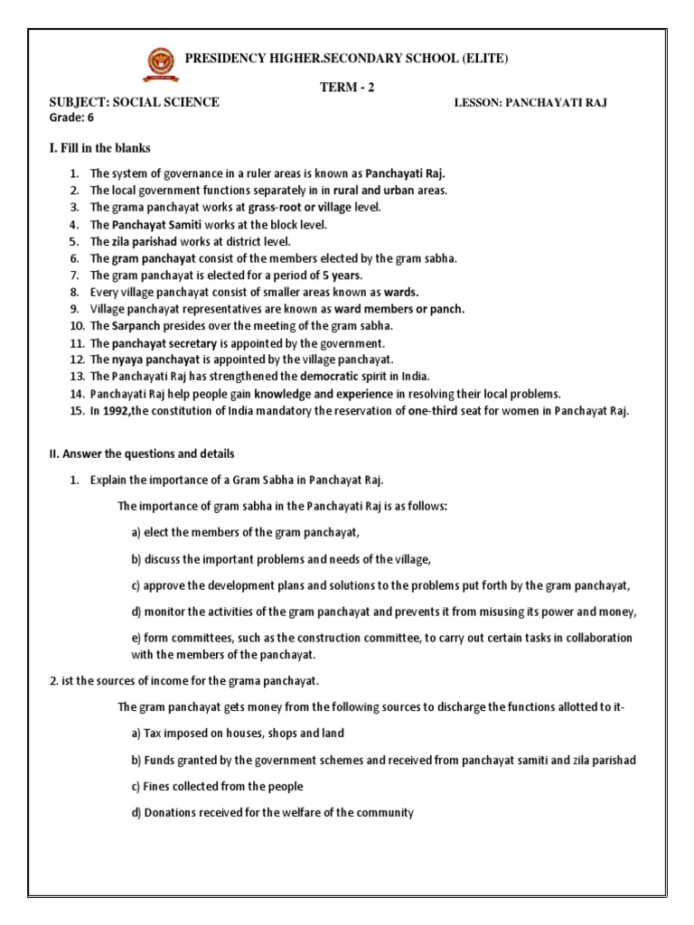 Grade 6 Civics Lesson 5 One Mark and Detail | PDF | Governance | Government Of India
