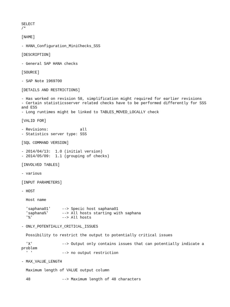 HANA Configuration MiniChecks SSS | PDF