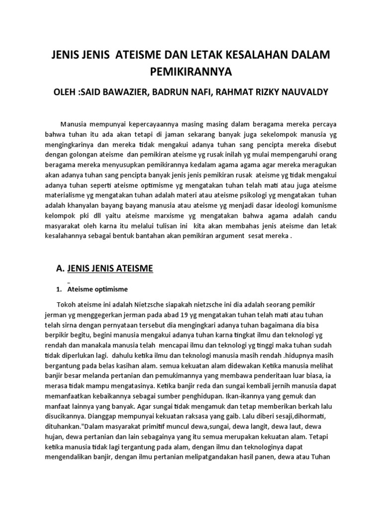 Jenis Jenis Ateisme Dan Letak Kesalahan Dalam Pemikirannya | PDF