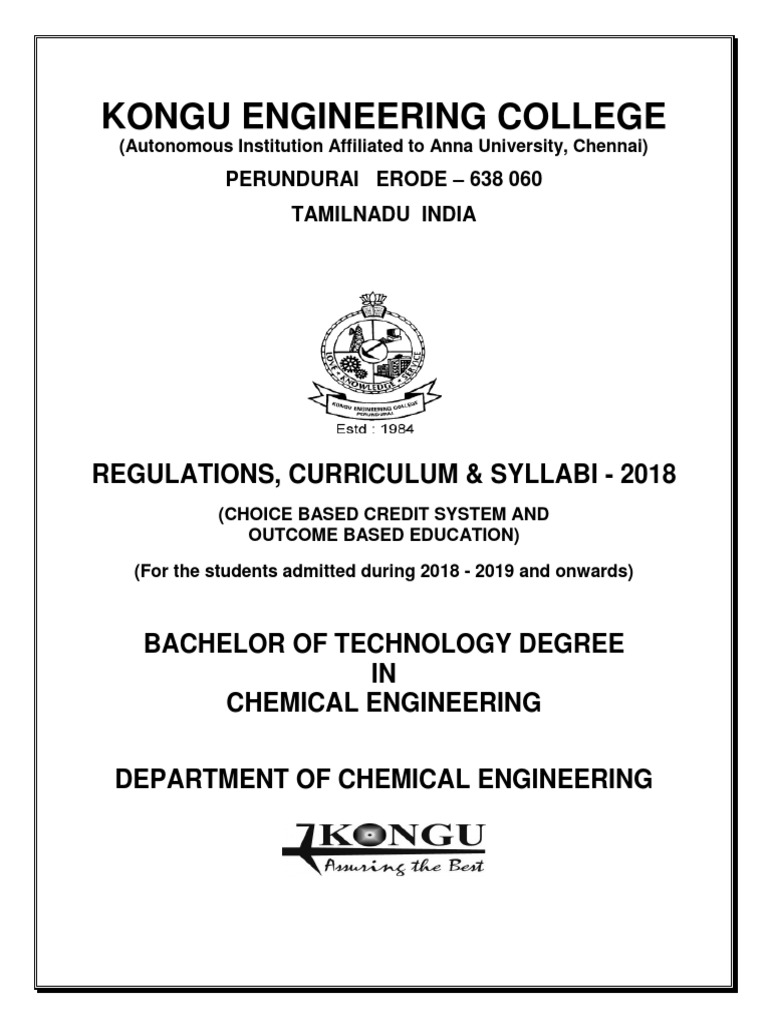 R2018 BTech Chem I VIII Sem Curriculum and Syllabi | PDF | Engineering | University And College ...
